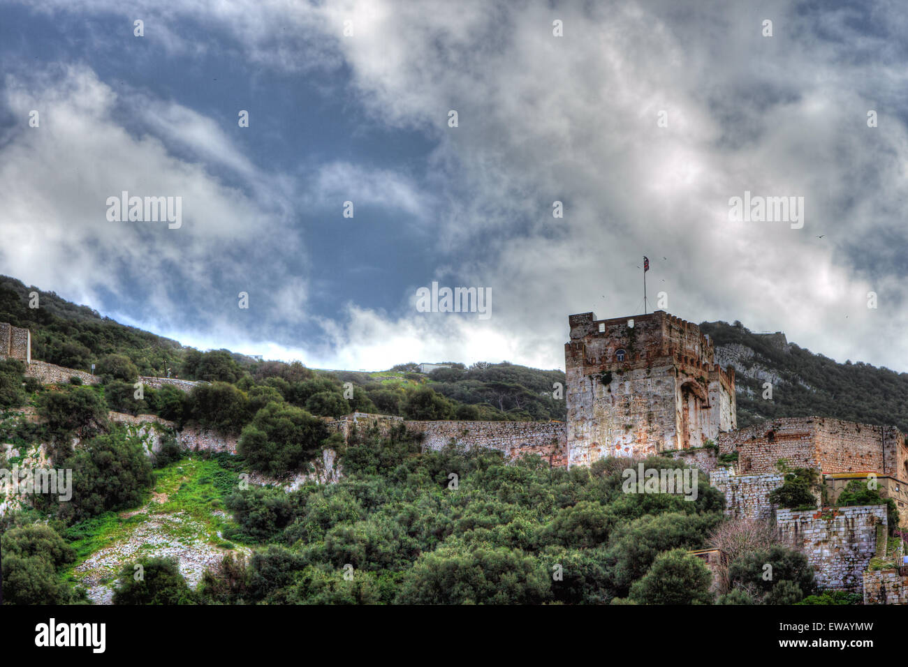 The Moorish Fort on Gibraltar, UK flying the British flag Stock Photo ...