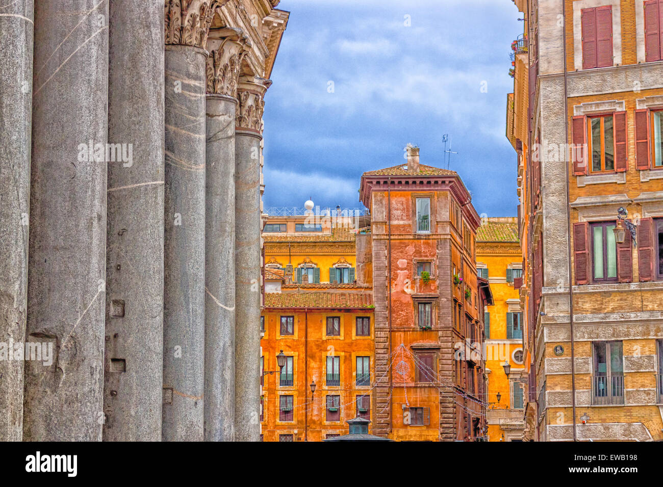 Windows of historical building and columns of Pantheon in the center of ...
