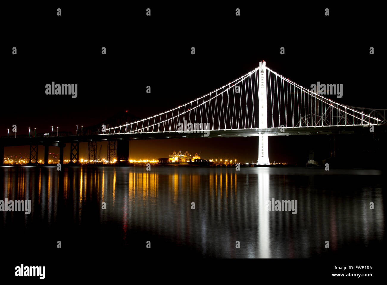 Bay Bridge San Francisco California at Night with Port of Oakland Stock ...