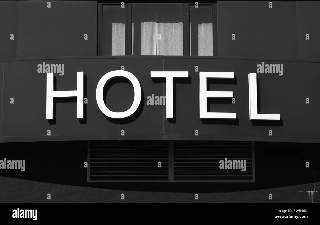 Hotel word in the facade of a Hotel outdoors Stock Photo - Alamy