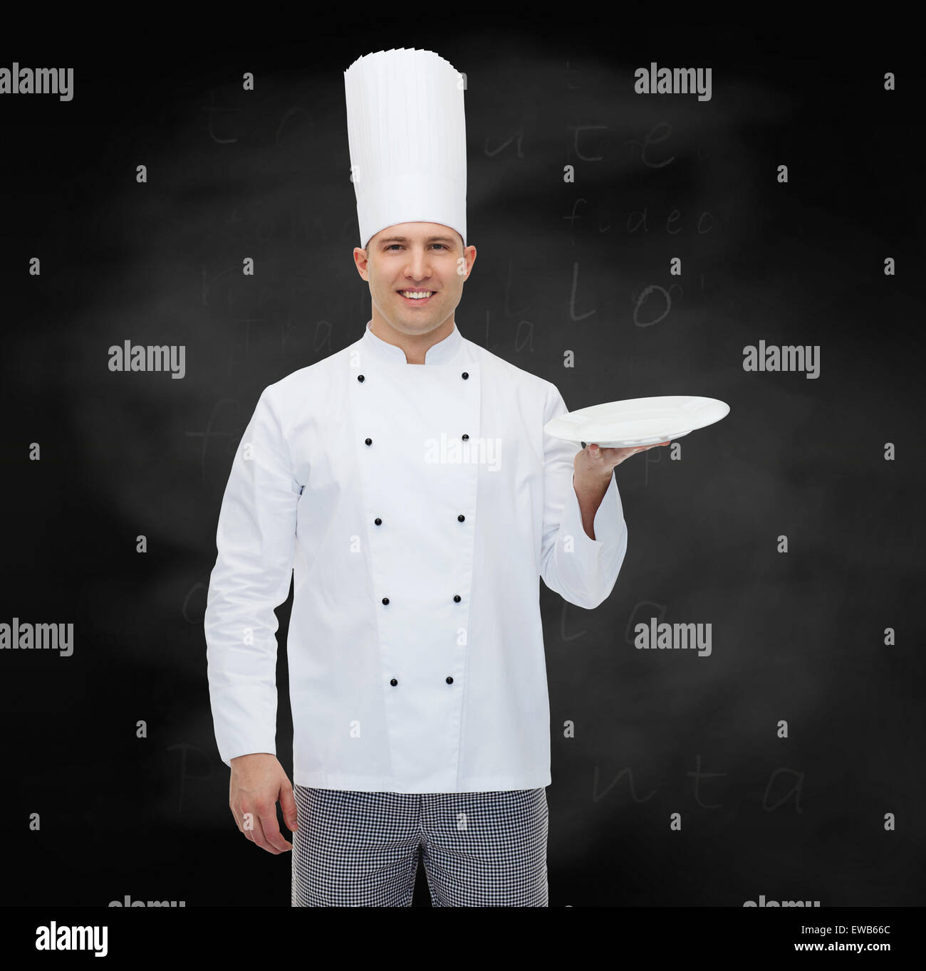 happy male chef cook showing empty plate Stock Photo - Alamy