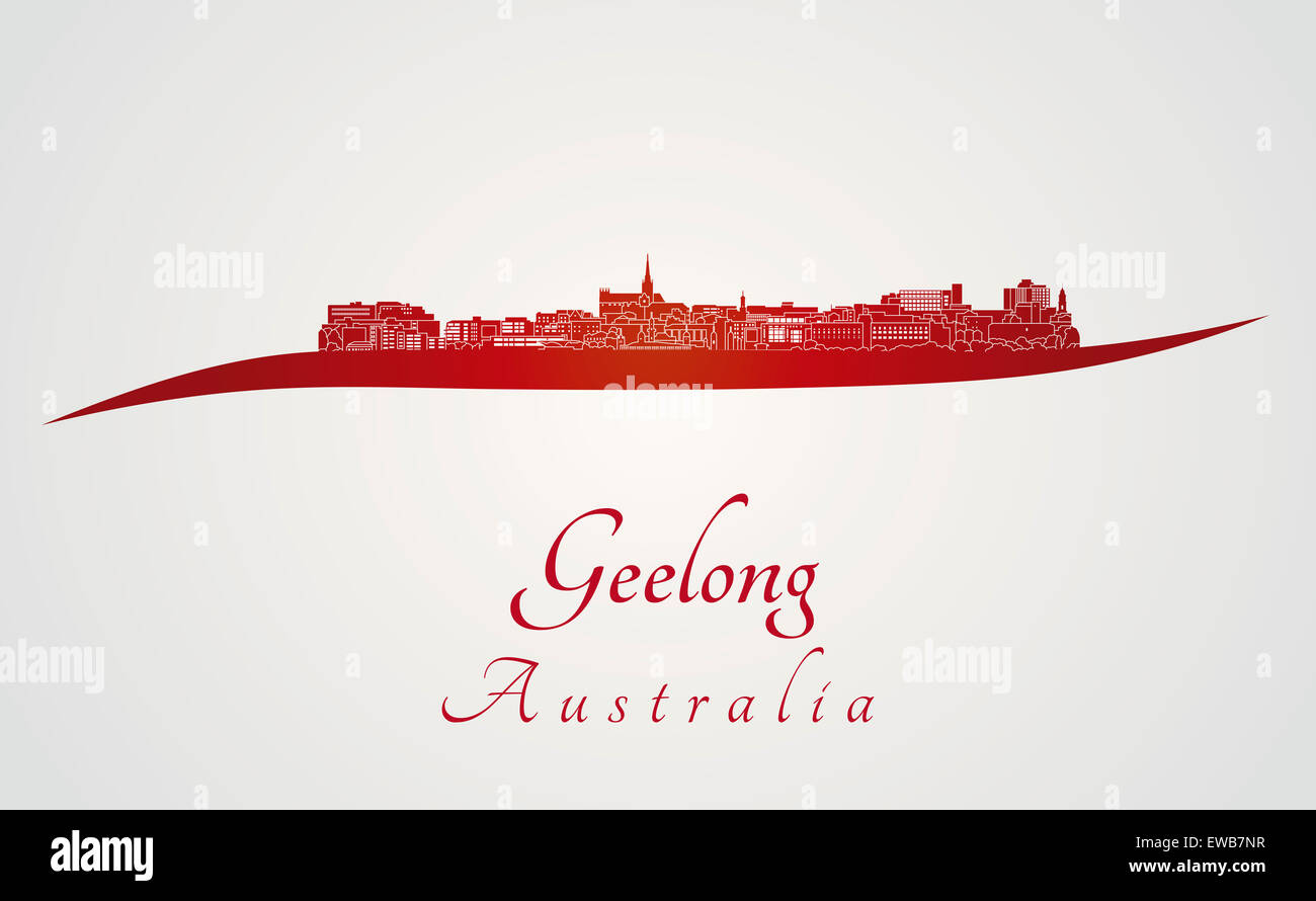 Geelong skyline in red and gray background in editable vector file ...