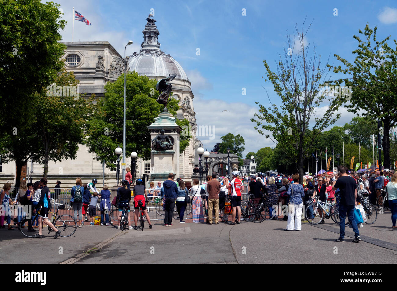 Cyclists on the Velathon Wales sportive bike ride, Cathays Park ...