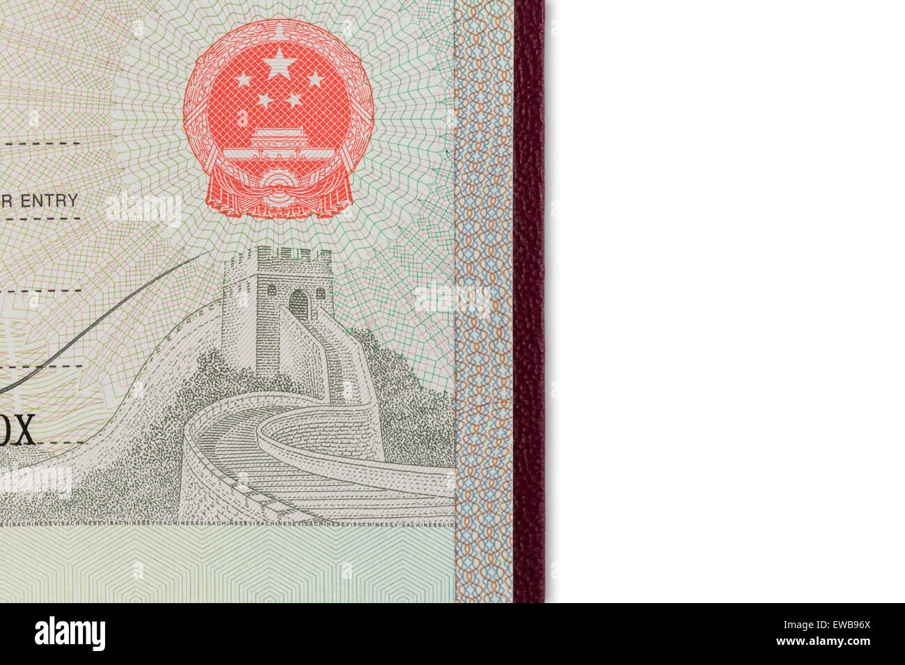 Detail view of chinese visa in a passport isolated on white background ...