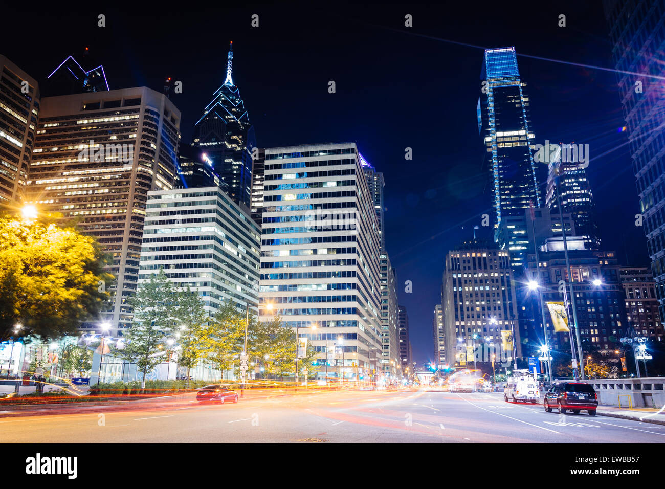 Modern buildings at night, in Center City, Philadelphia, Pennsylvania ...