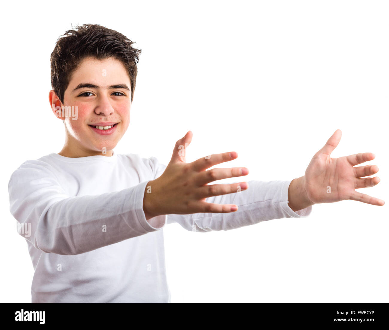 Handsome Caucasian boy with acne-prone skin in a white long sleeved t ...