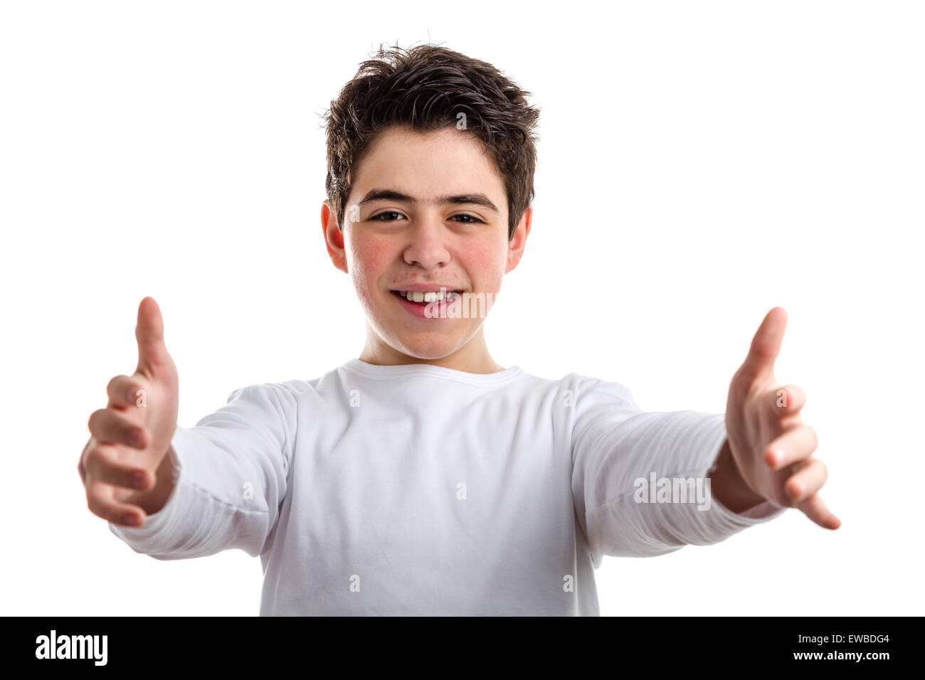 Handsome Caucasian boy with acne-prone skin in a white long sleeved t ...