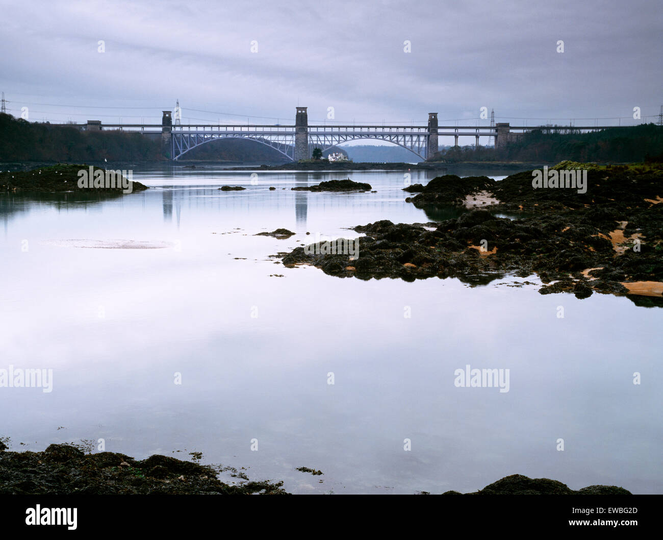 Britannia Bridge and Menai Strait from the shore, St Tysilio's Island ...