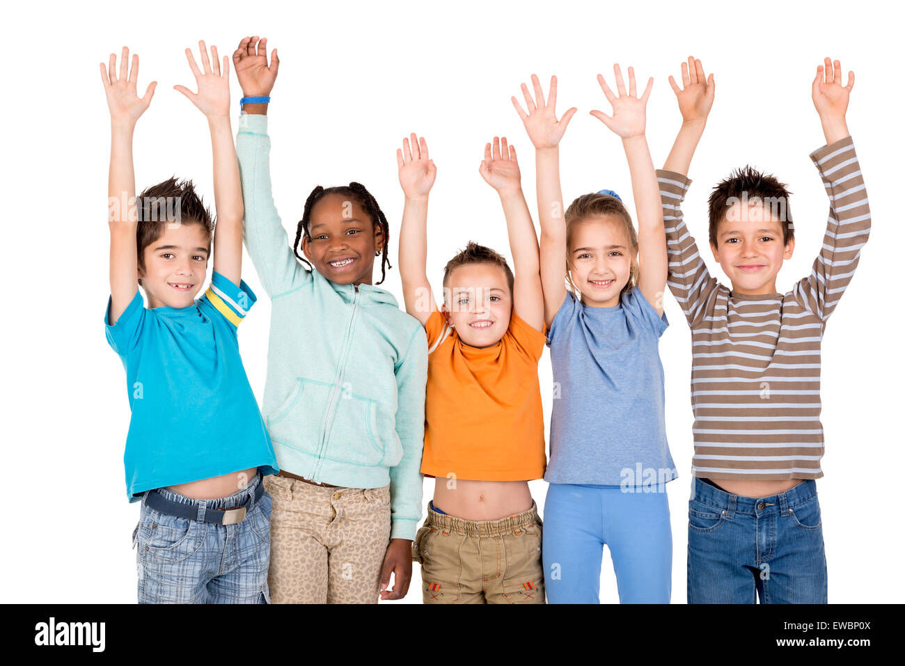 Group of children posing with raised hands isolated in white Stock ...