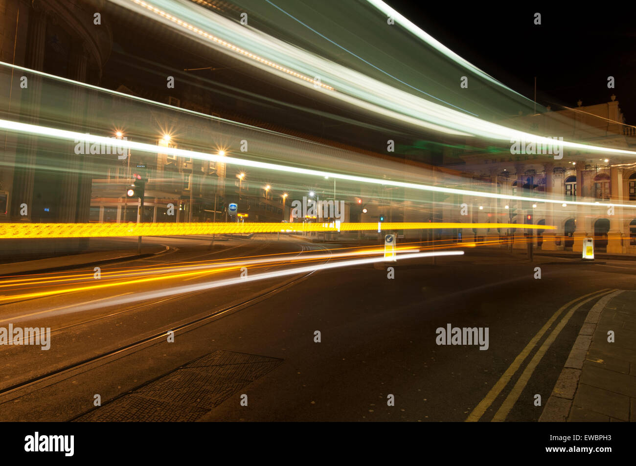 Tram Light Trails in Nottingham City at night, Nottinghamshire England ...