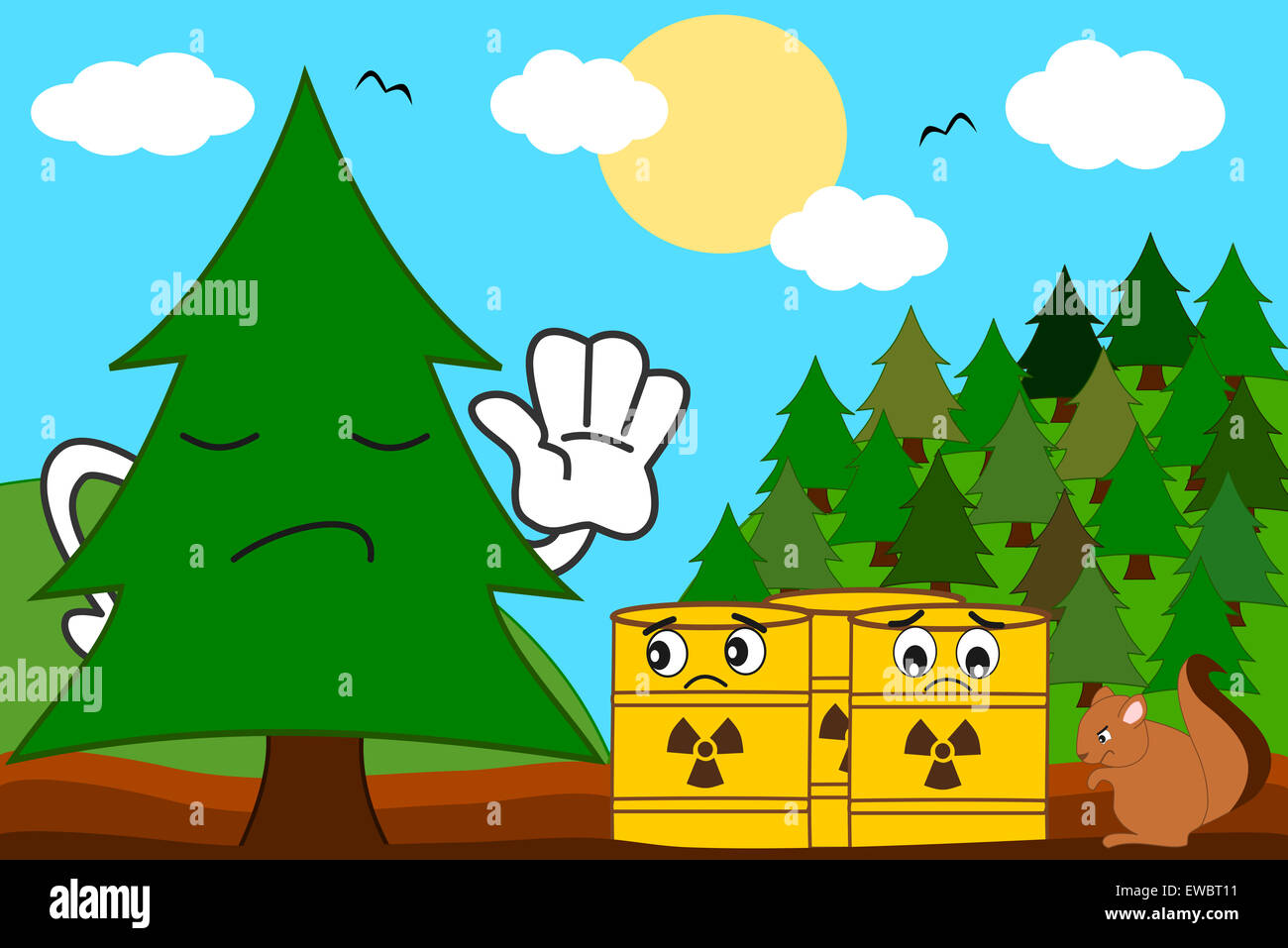 cartoon tree versus toxic waste concept illustration Stock Photo - Alamy