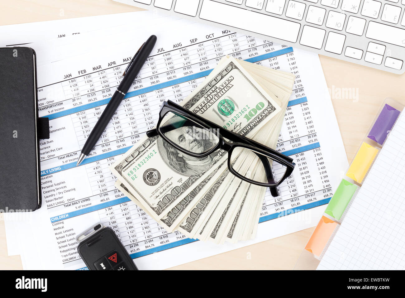 Office table with pc, supplies and money cash. View from above Stock ...