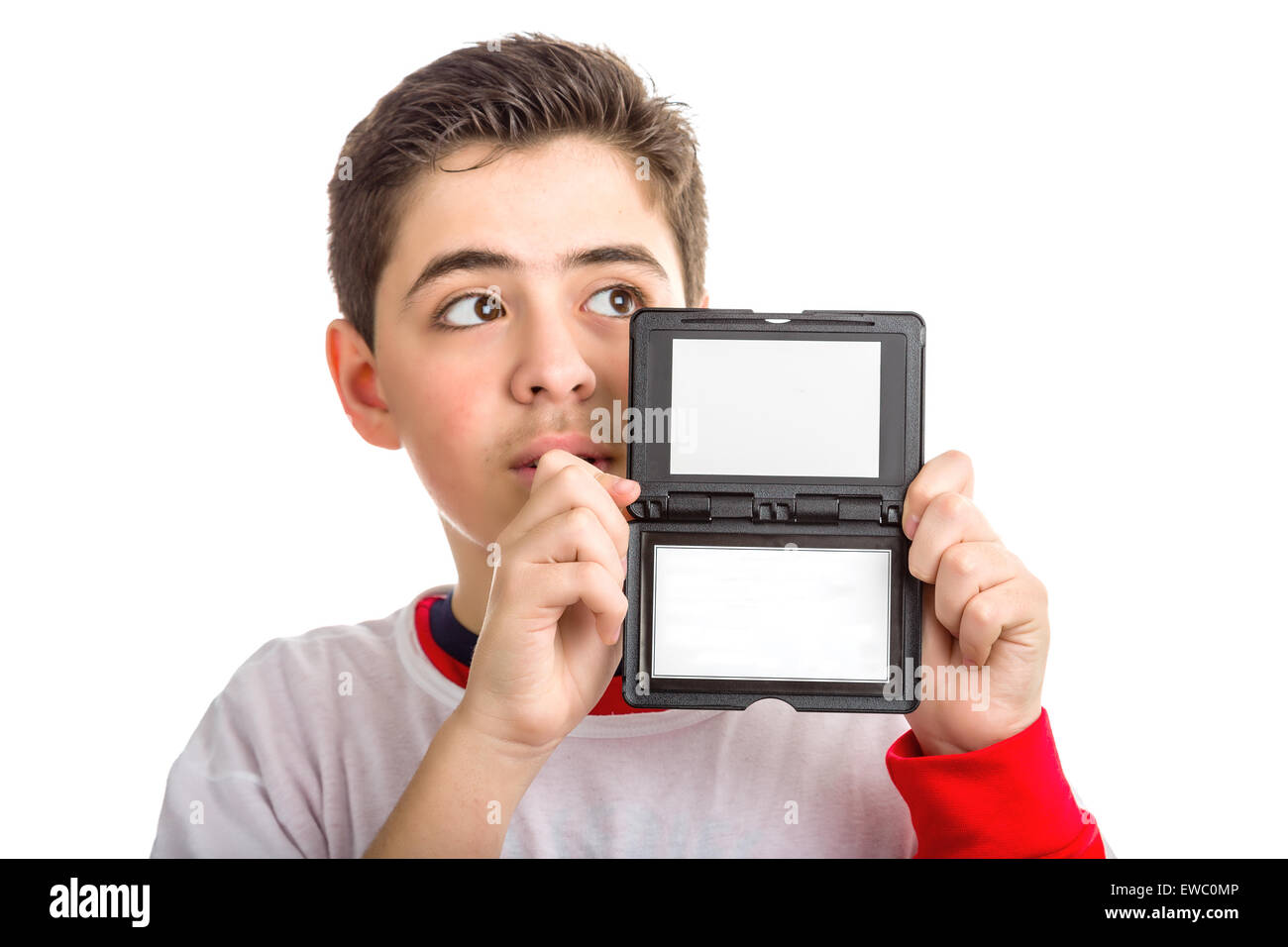 Calm and confident Caucasian smooth-skinned boy wearing a white and red ...