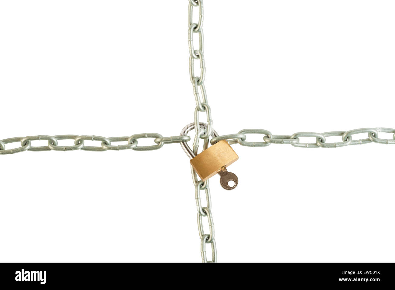 Brass padlock with key on a steel chain. Isolated on white background ...