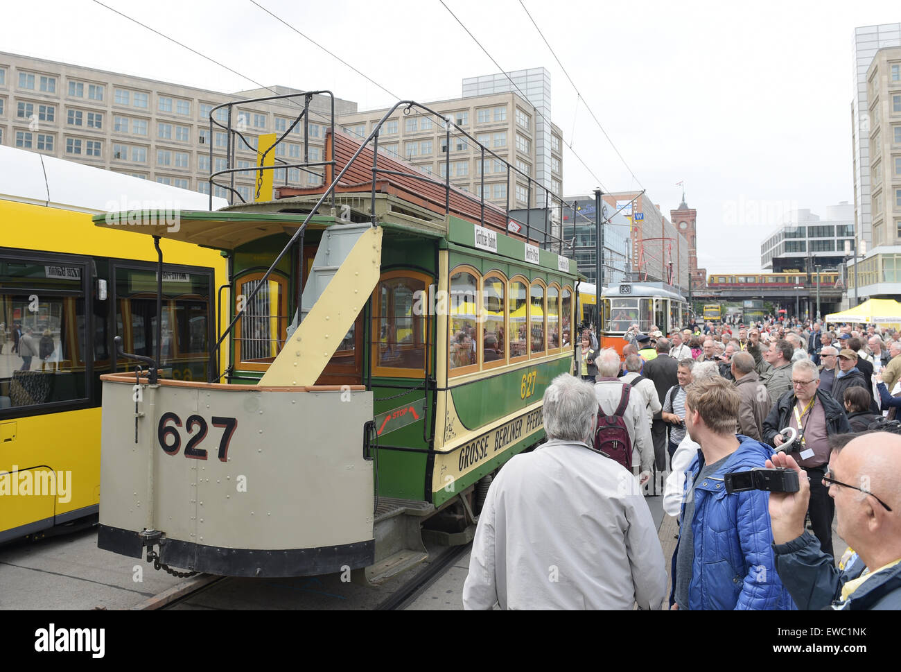 Berlin, Germany. 22nd June, 2015. Pedestrians look at historic trams ...