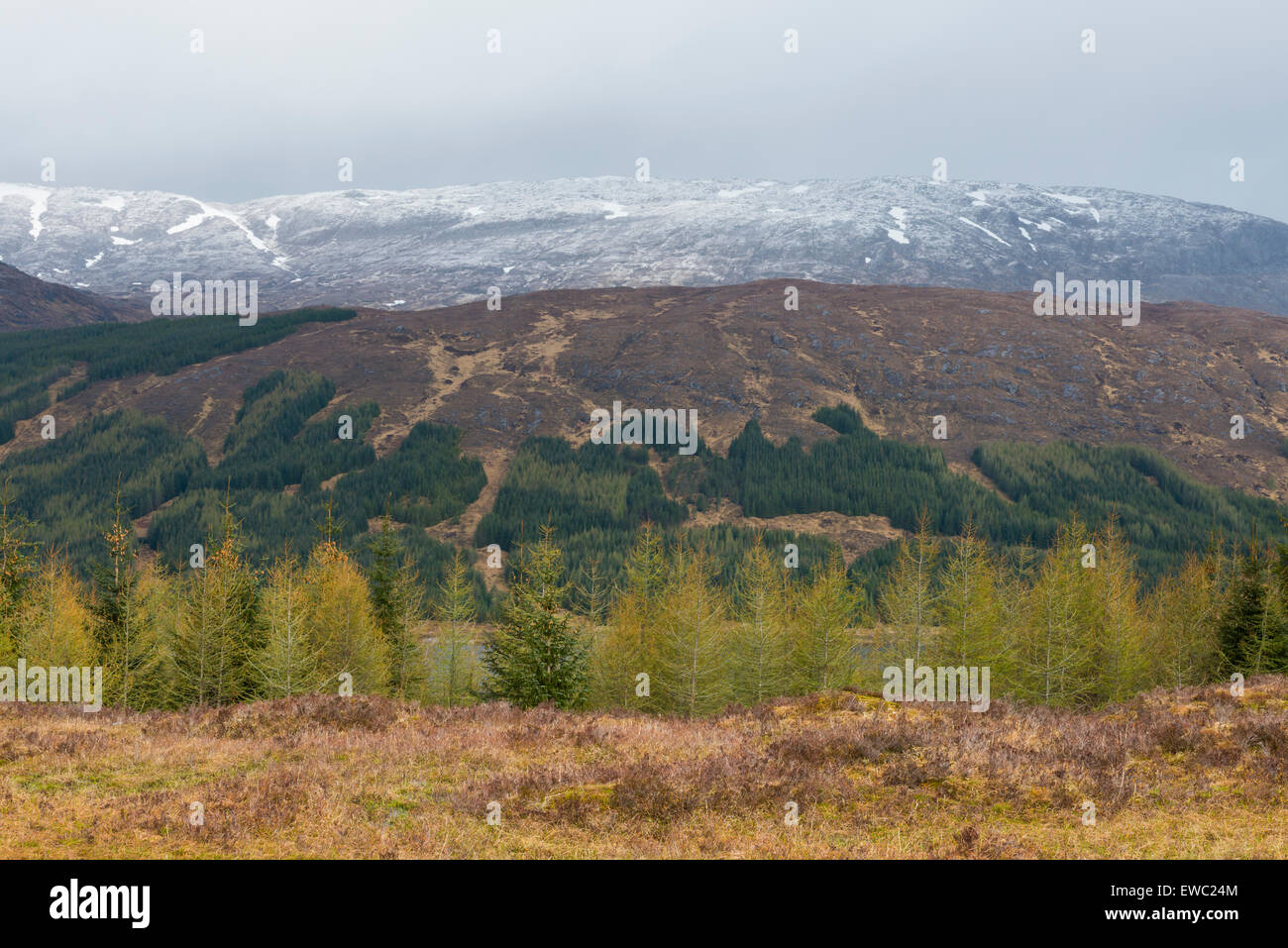 Mountains with snow and Dark clouds in the Highlands of Scotland with ...