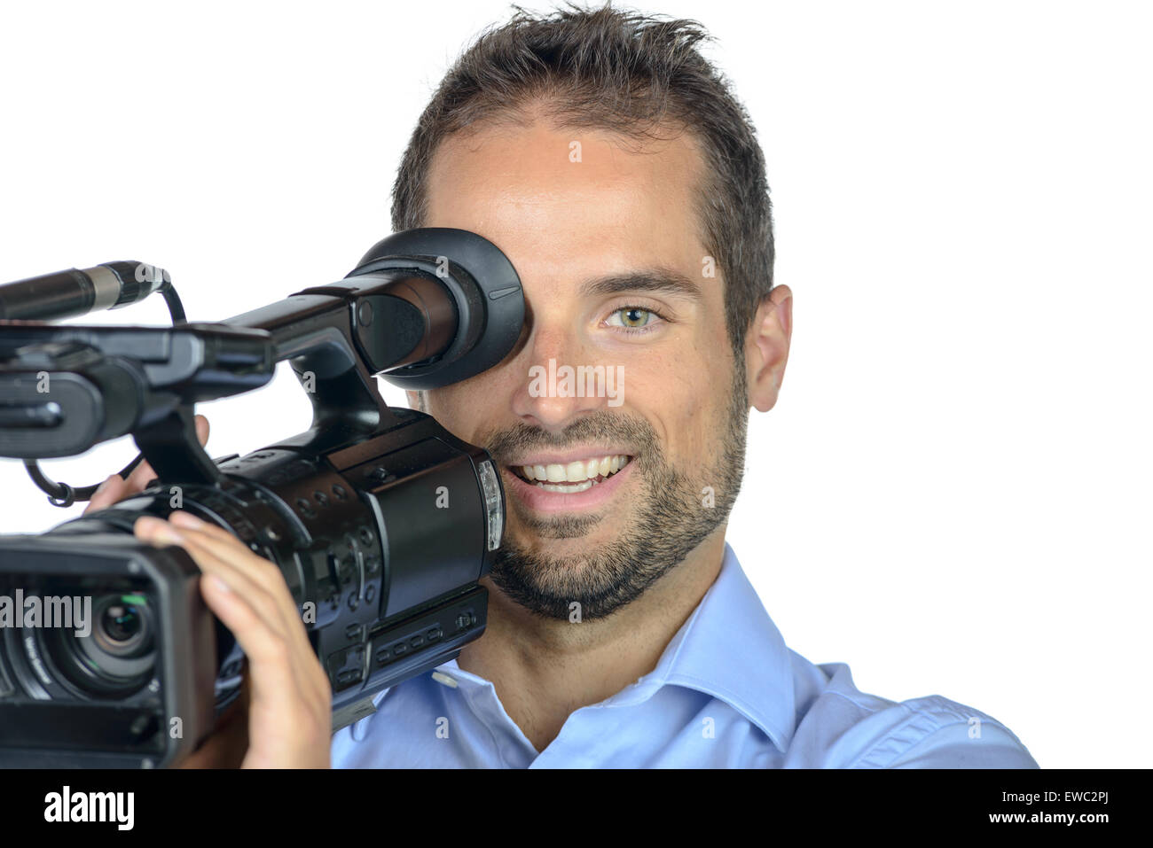 a young man with professional movie camera on white background Stock ...