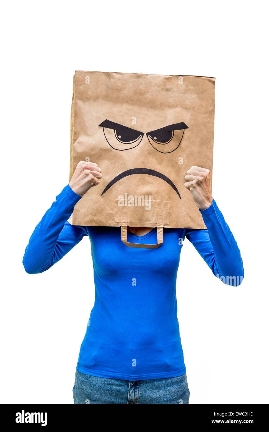 Angry woman with frustrated expression on paper bag showing fists Stock ...