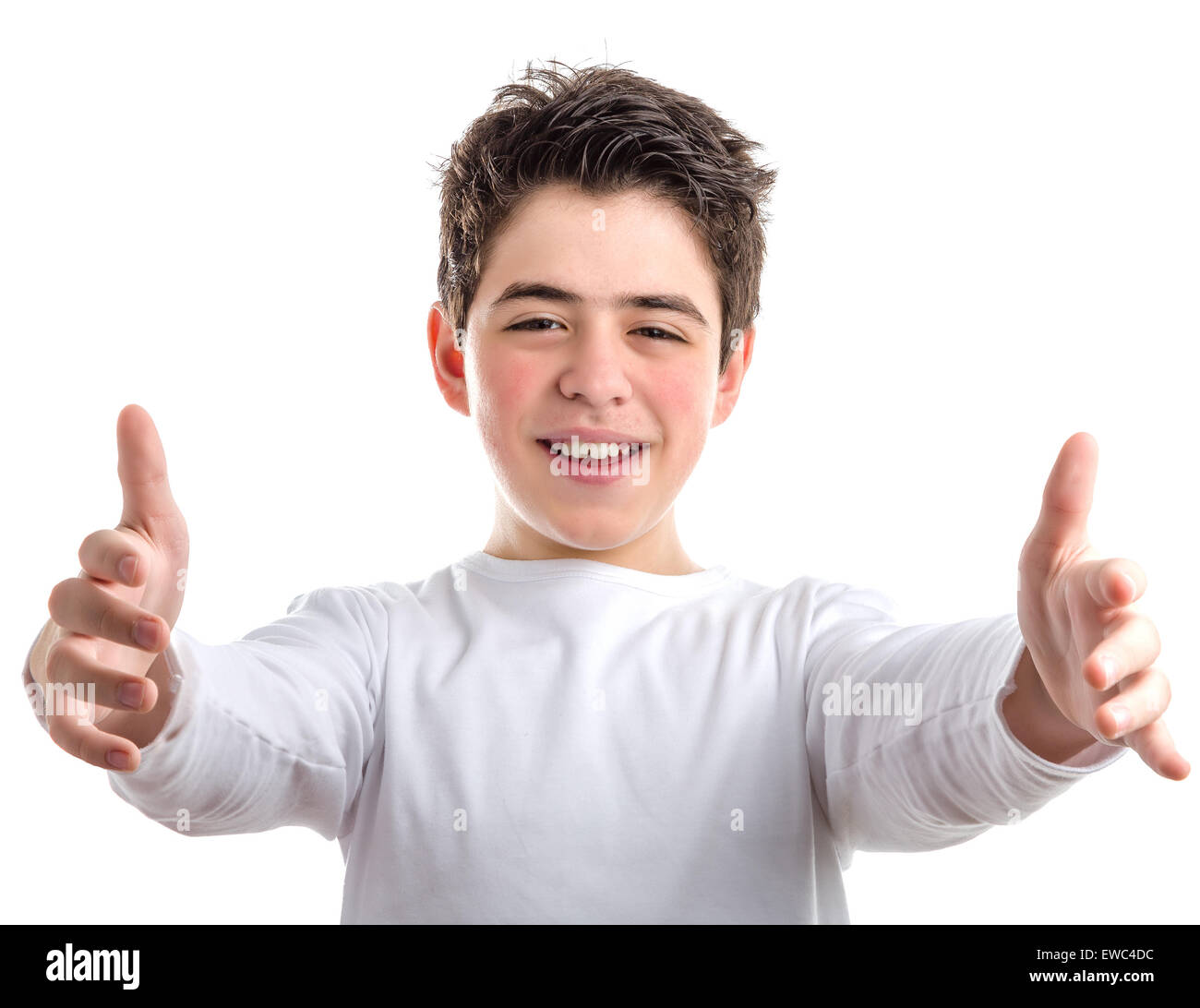 Handsome Caucasian smooth-skinned boy in a white long sleeved t-shirt ...