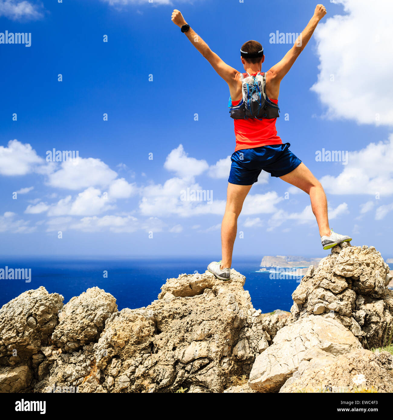 Success motivation happy man running or hiking, achievement successful ...