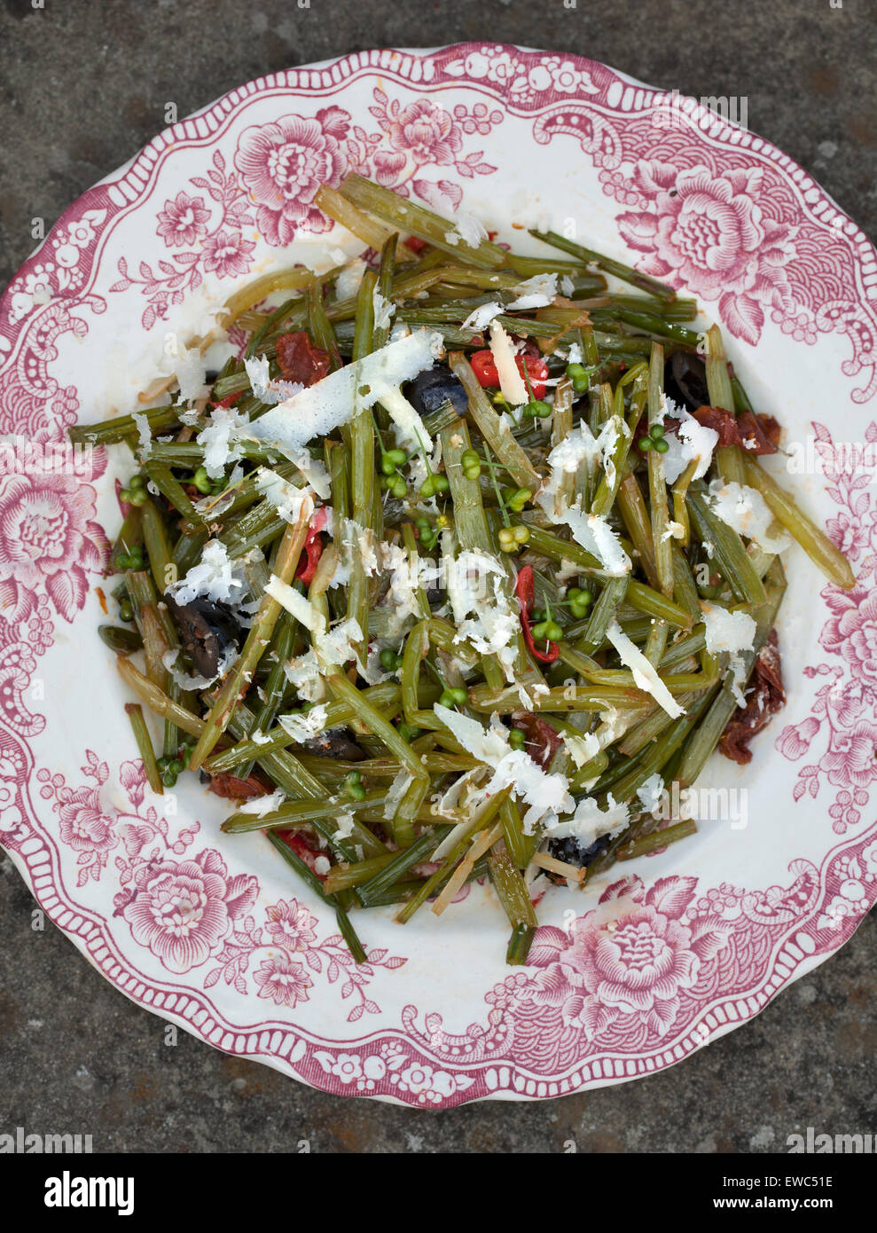 Stir Fried Wild Garlic Stems with chilli olives and stir fried tomatoes ...
