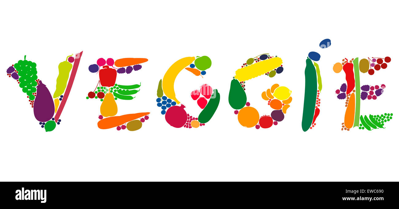 VEGGIE written with colorful fruits and vegetables Stock Photo - Alamy