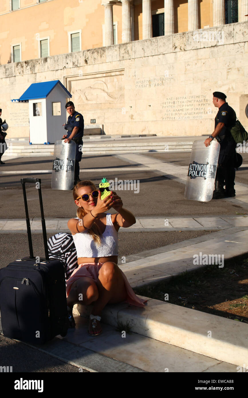 Athens, Greece. 22nd June, 2015. A woman takes a selfie in front of ...