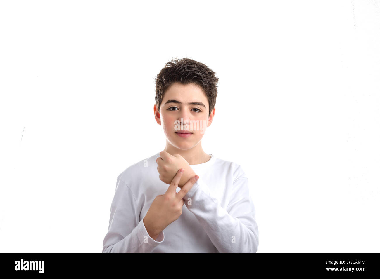 Cute Caucasian smooth-skinned kid in a white long sleeved t-shirt ...