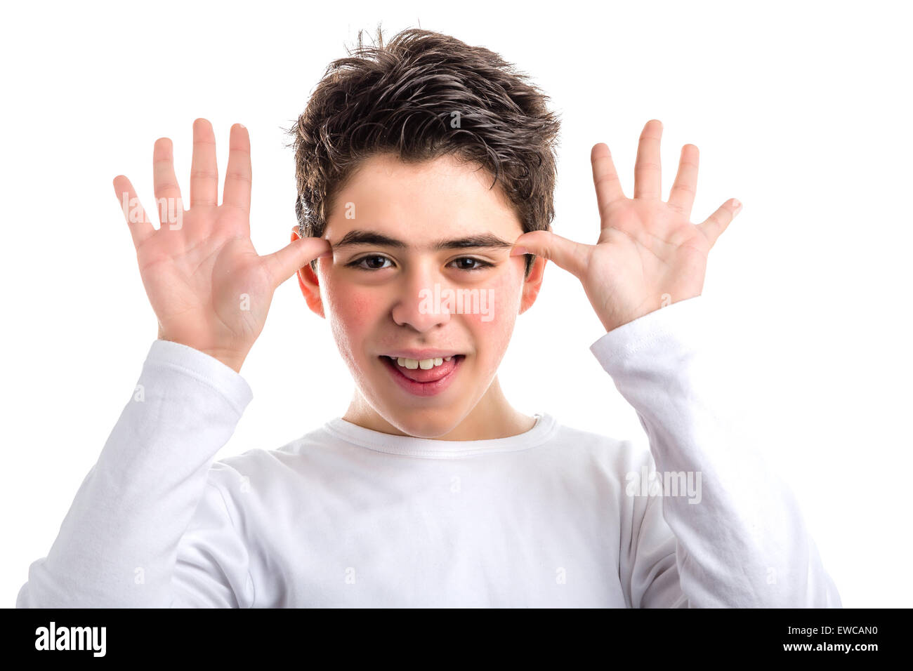 Funny Caucasian smooth-skinned teen in a white long sleeved t-shirt ...