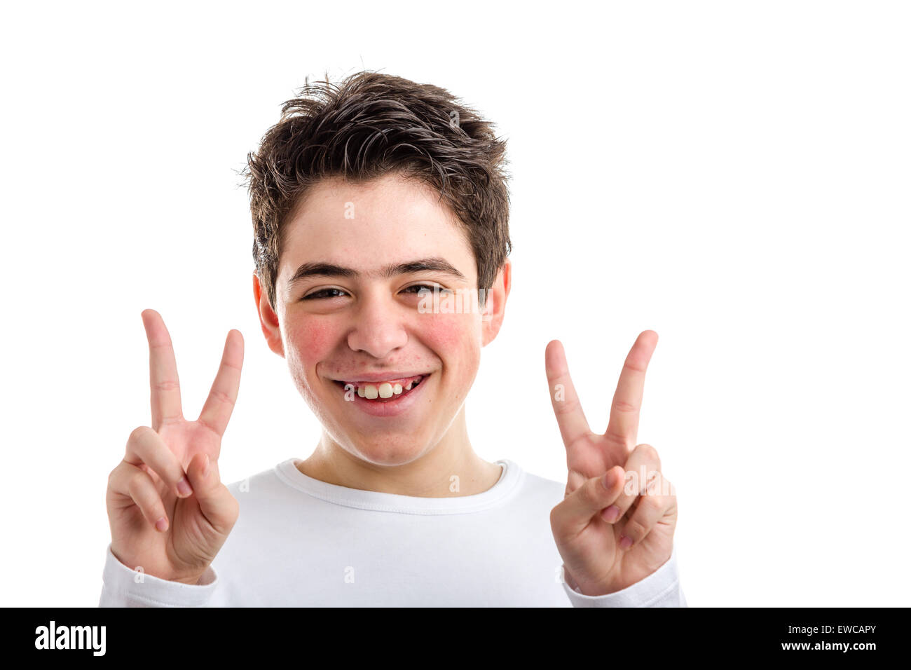 Hispanic boy with acne-prone skin. in a white long sleeved t-shirt ...