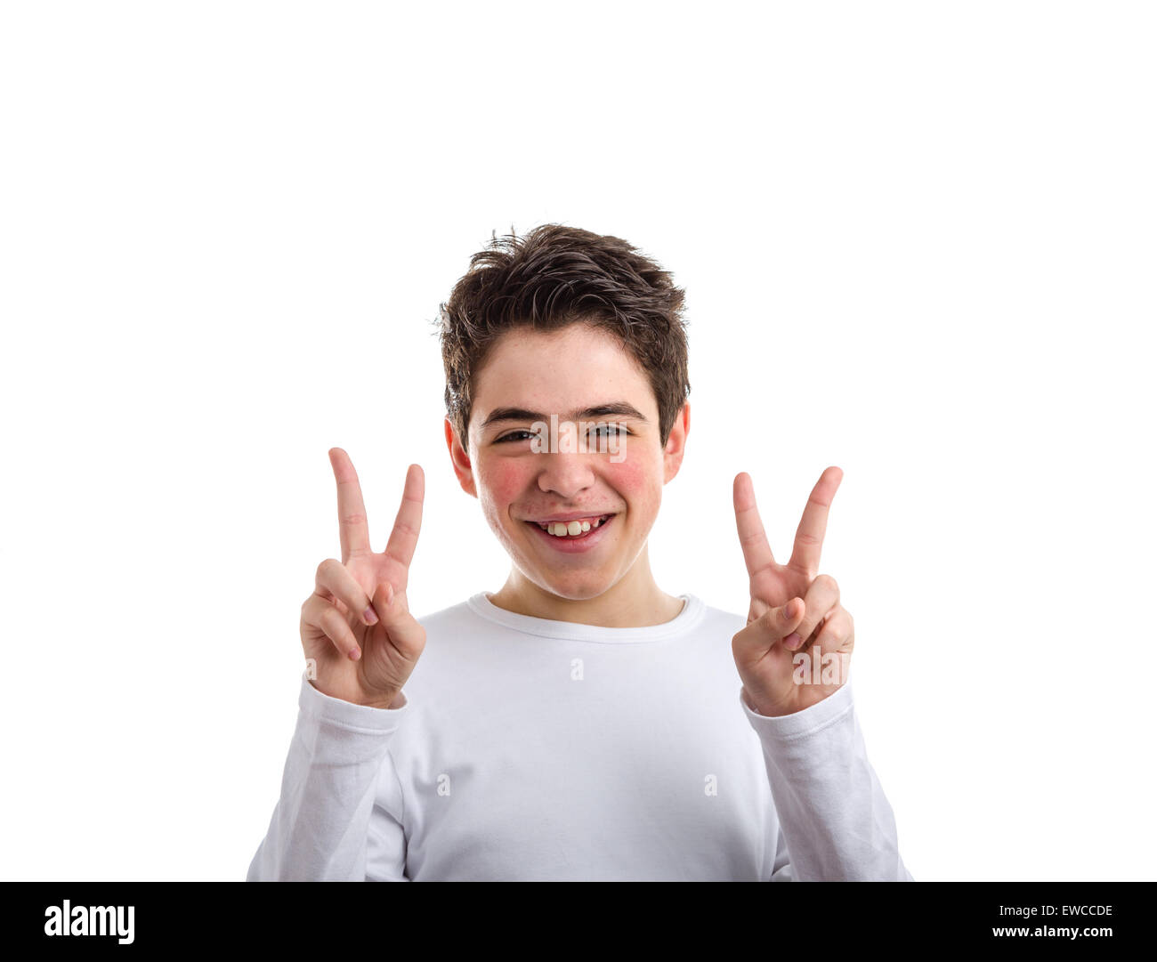 Hispanic boy with acne-prone skin. in a white long sleeved t-shirt ...