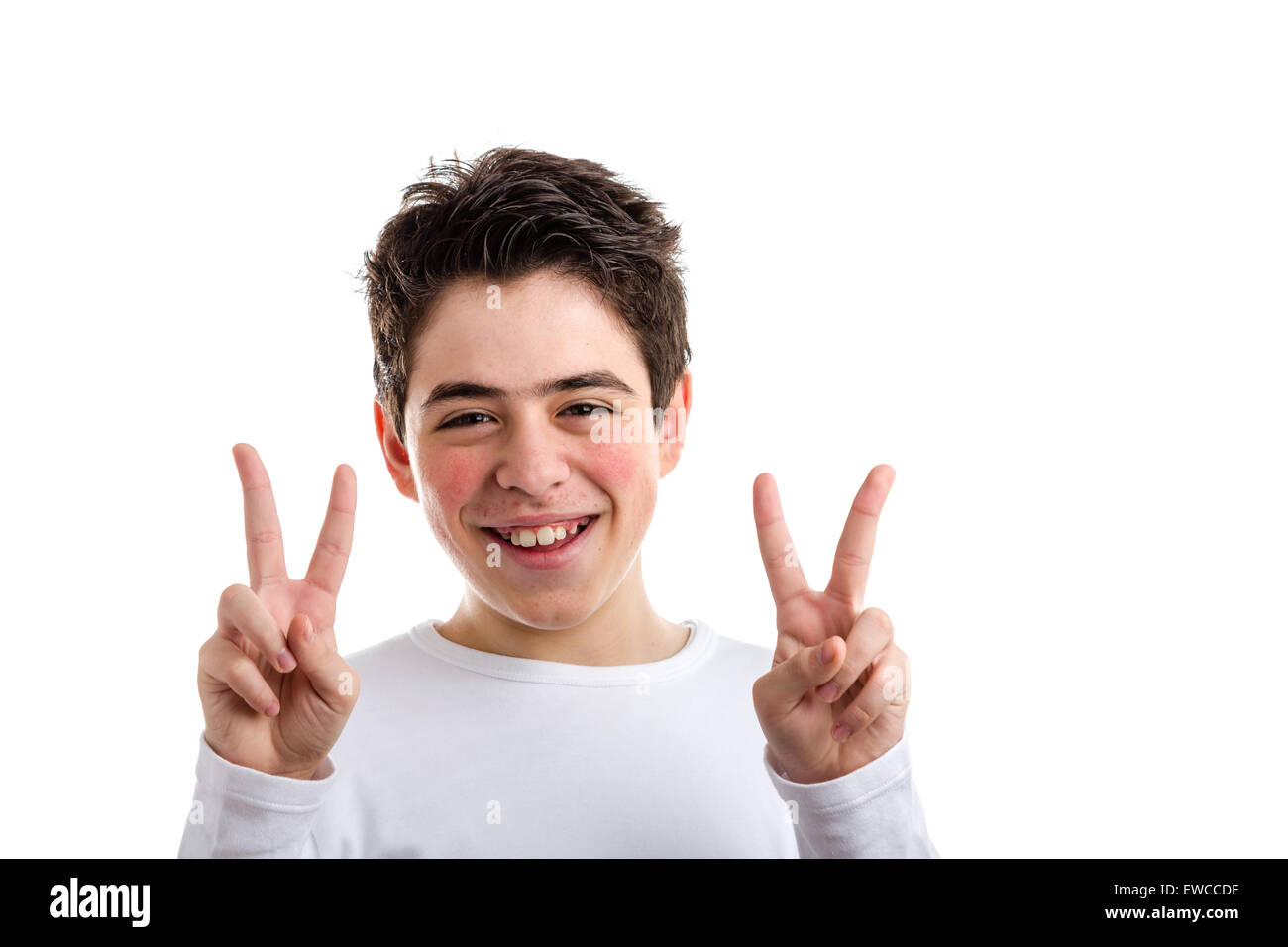 Hispanic boy with acne-prone skin. in a white long sleeved t-shirt ...