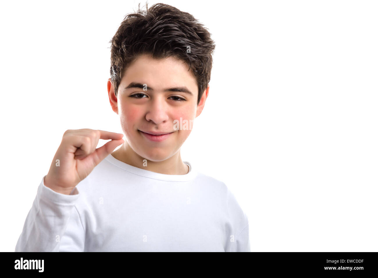 smooth-skinned Caucasian young boy in a white long sleeve t-shirt ...