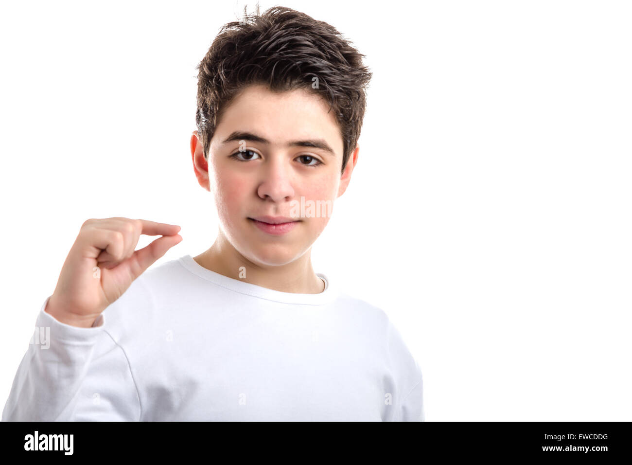 smooth-skinned Caucasian young boy in a white long sleeve t-shirt ...