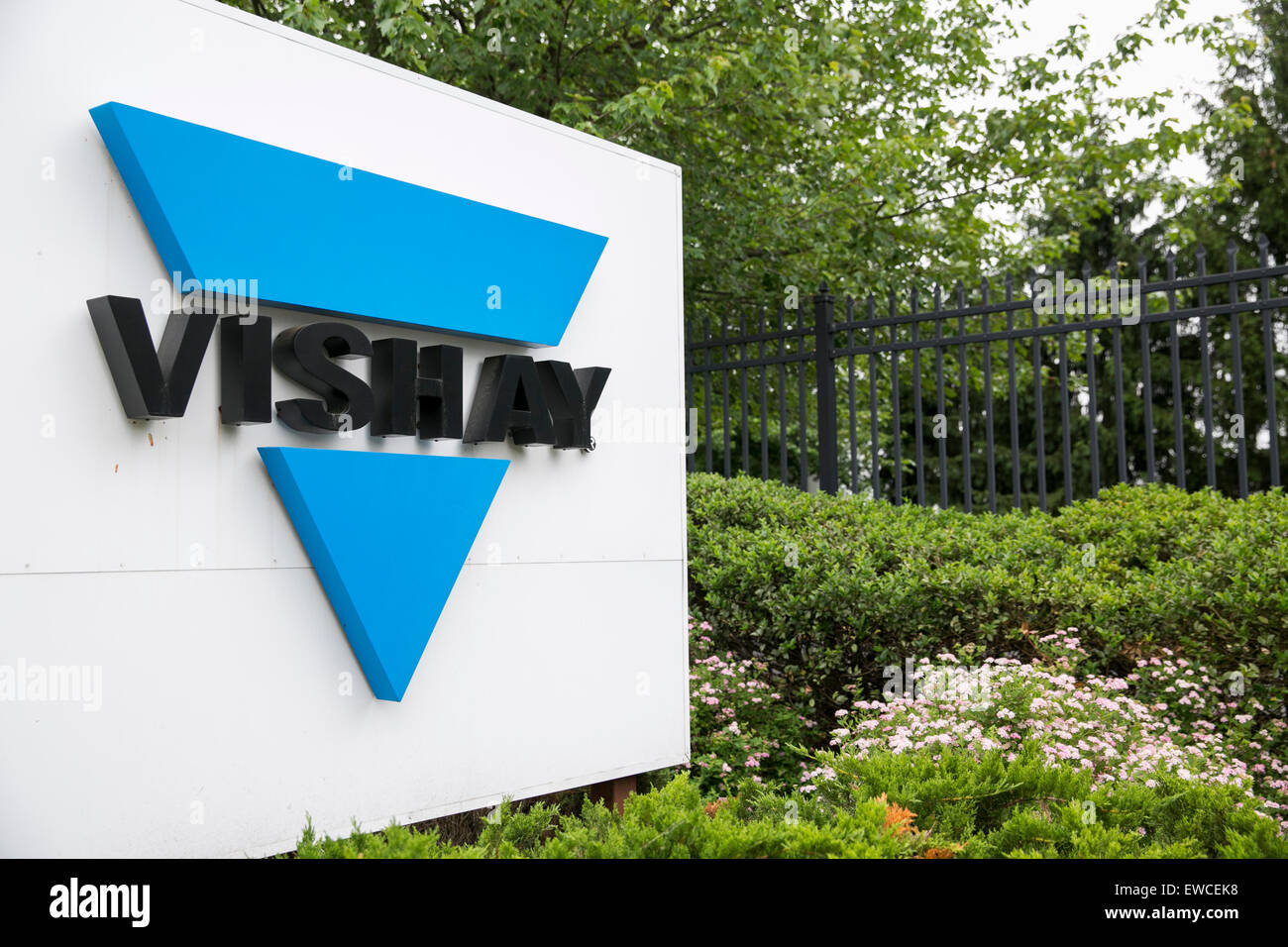 A logo sign outside the headquarters of Vishay Intertechnology, Inc ...