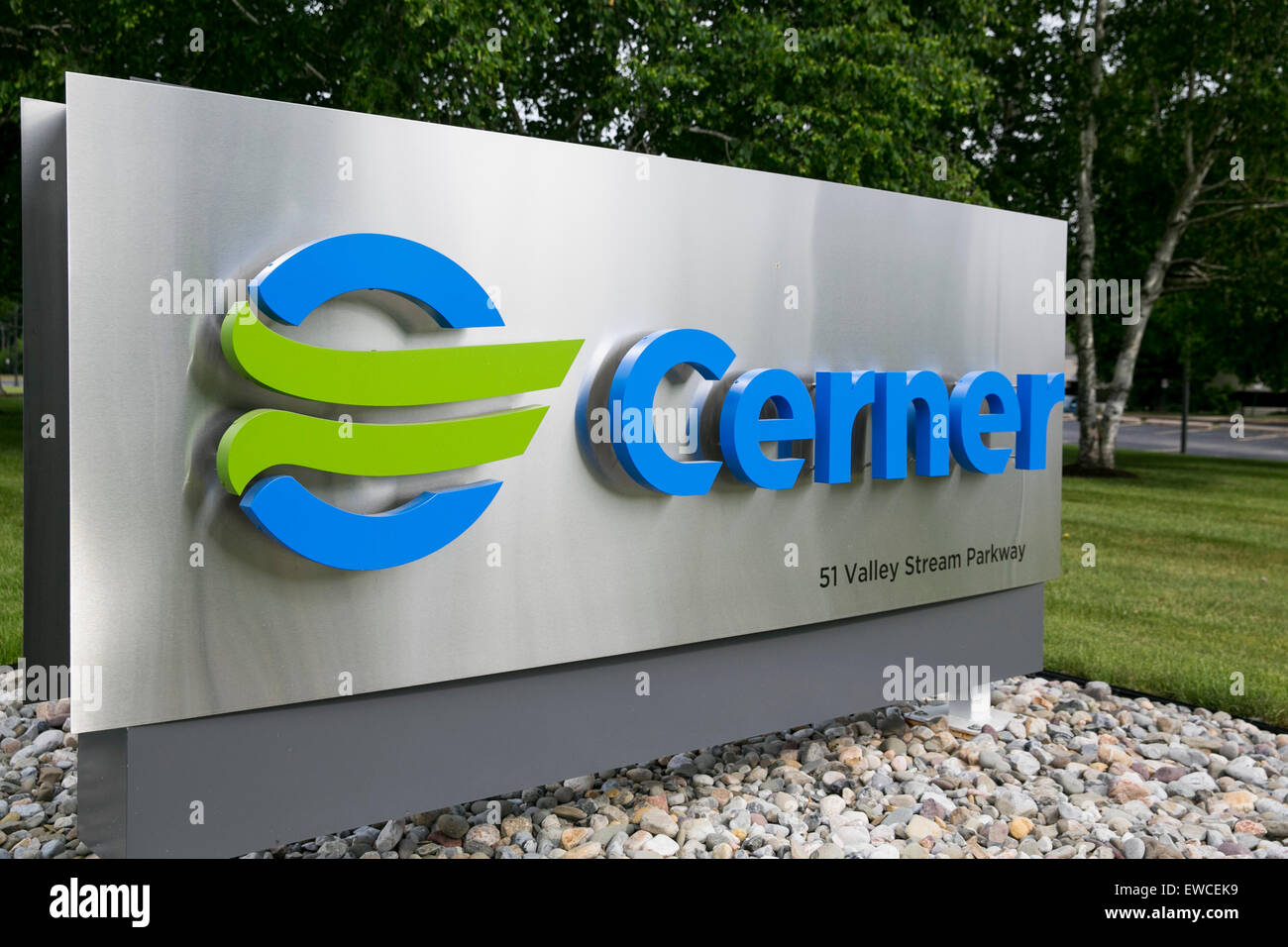 A logo sign outside of a facility occupied by Cerner Corporation in ...