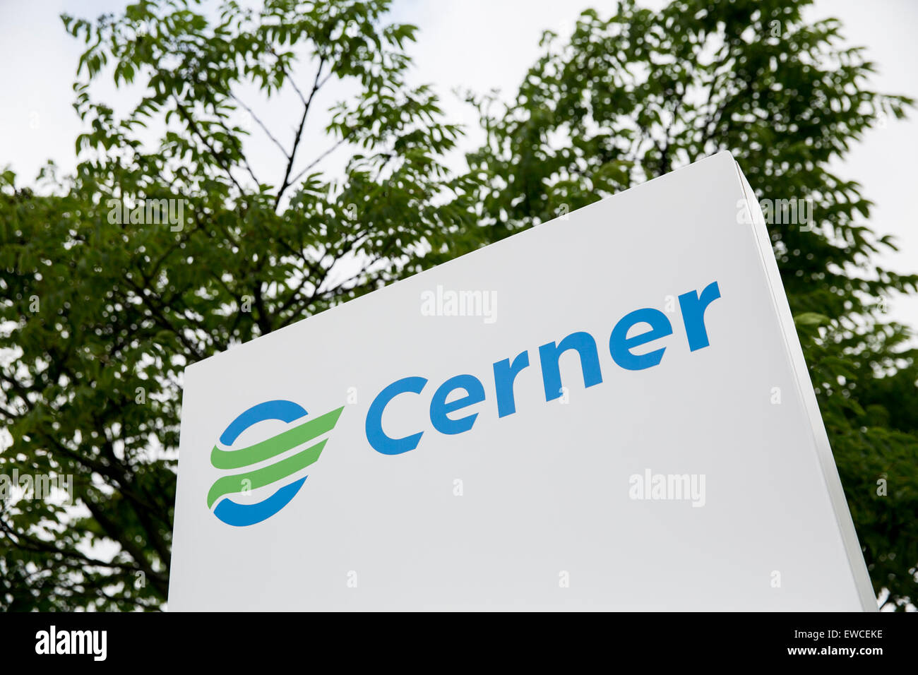 A logo sign outside of a facility occupied by Cerner Corporation in ...