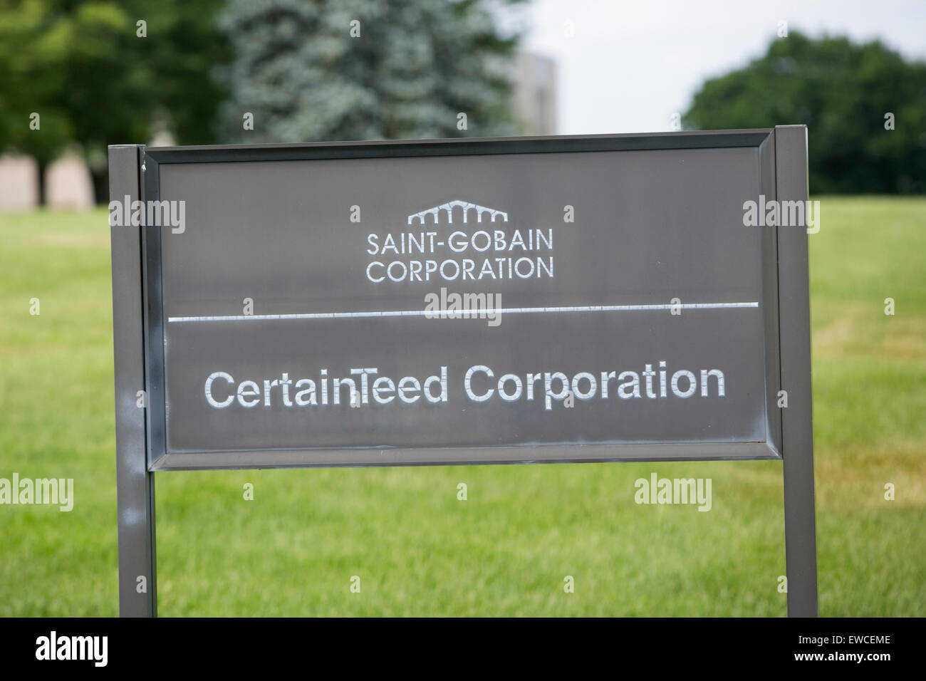 A logo sign outside of the headquarters of CertainTeed Corporation, a ...