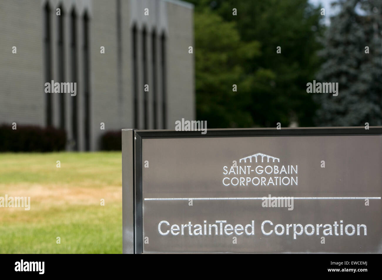 A logo sign outside of the headquarters of CertainTeed Corporation, a ...