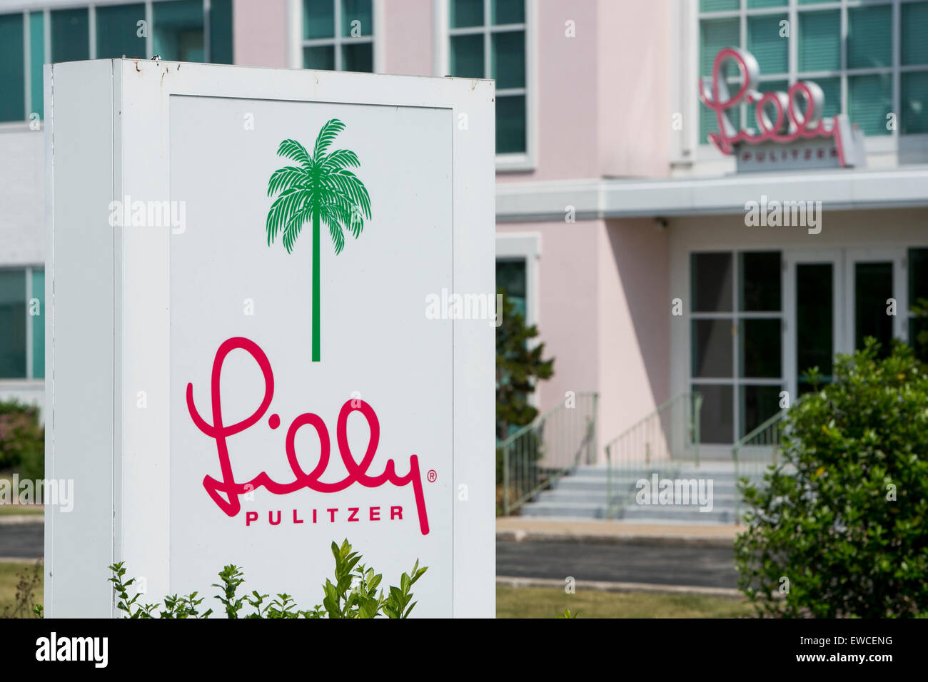A logo sign outside of the headquarters of clothing brand Lilly ...