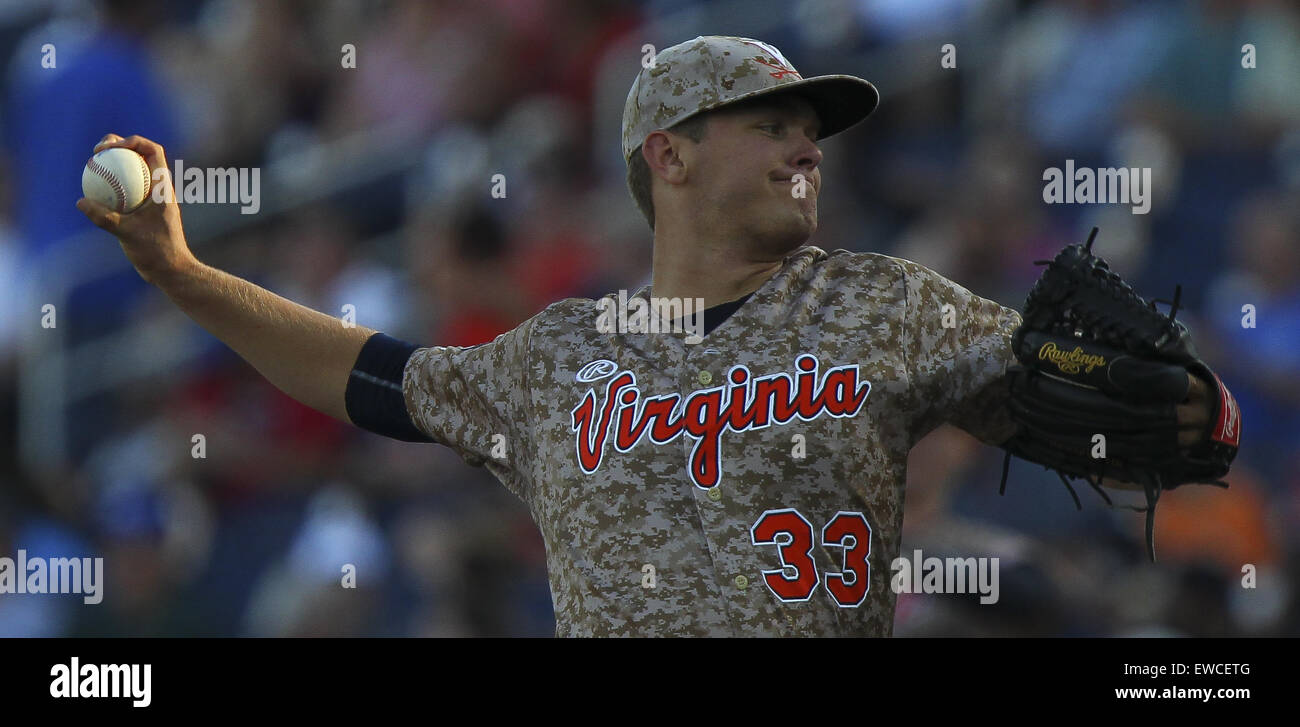 Omaha, Nebraska, USA. 22nd June, 2015. Virginia pitcher Connor Jones ...