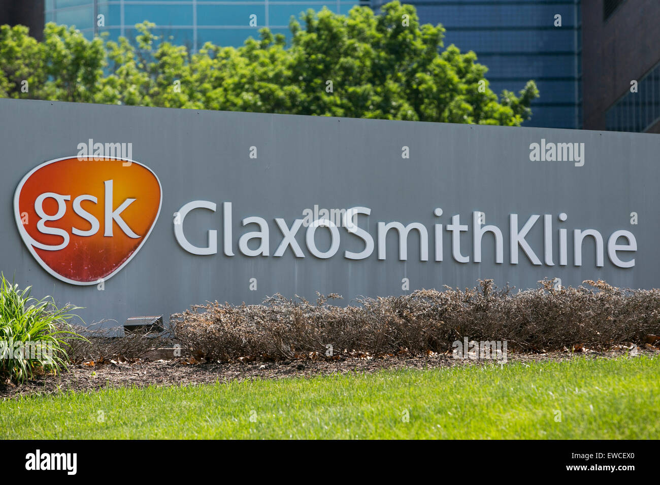 A logo sign outside of a facility occupied by GlaxoSmithKline in King ...