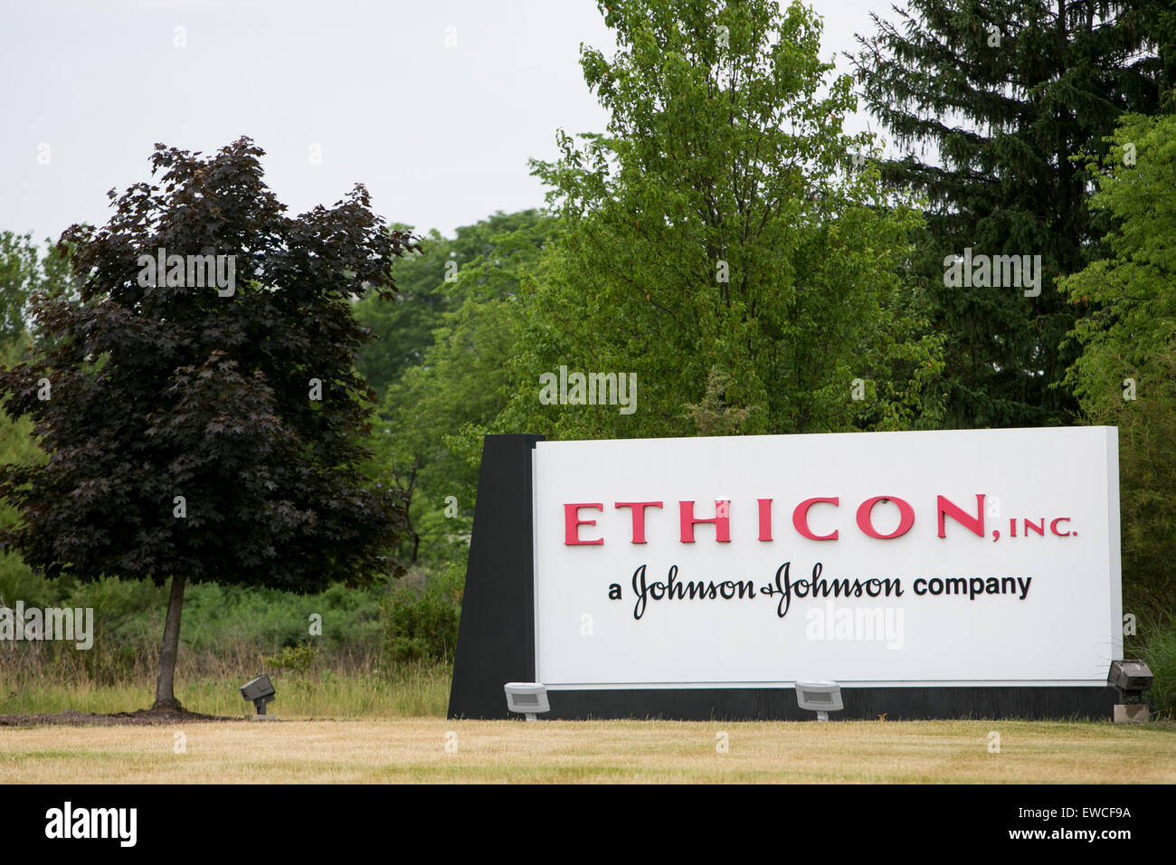 A logo sign outside of the headquarters of Ethicon, Inc., in Somerville ...