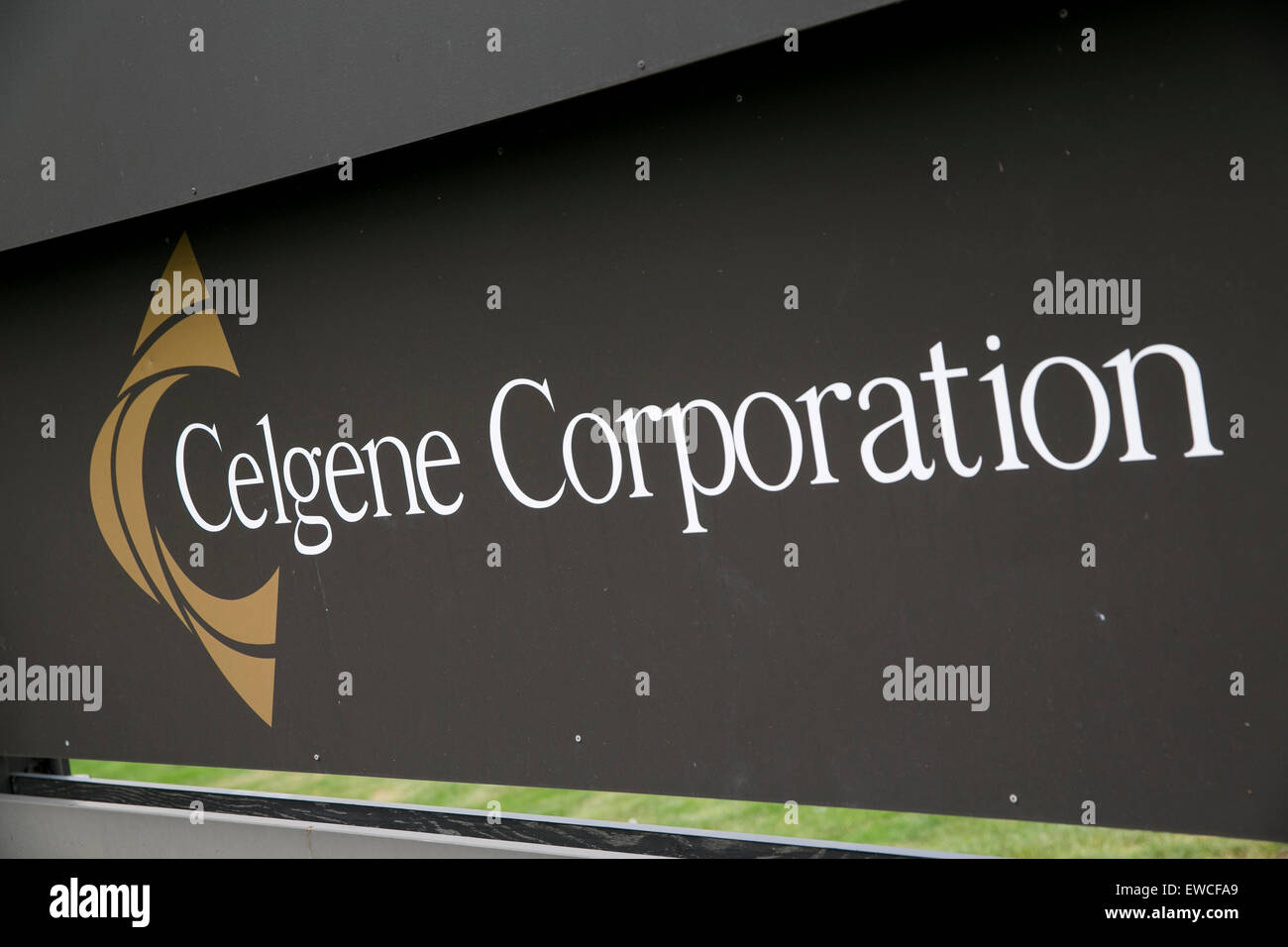 A logo sign outside of the headquarters of the Celgene Corporation in ...
