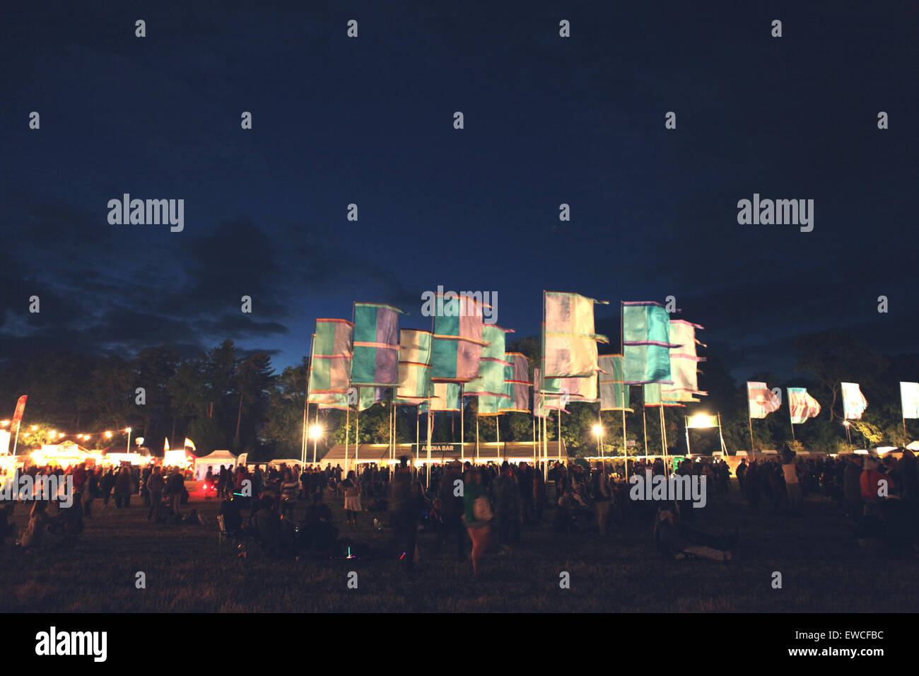 Festival flags at WOMAD at night Stock Photo - Alamy
