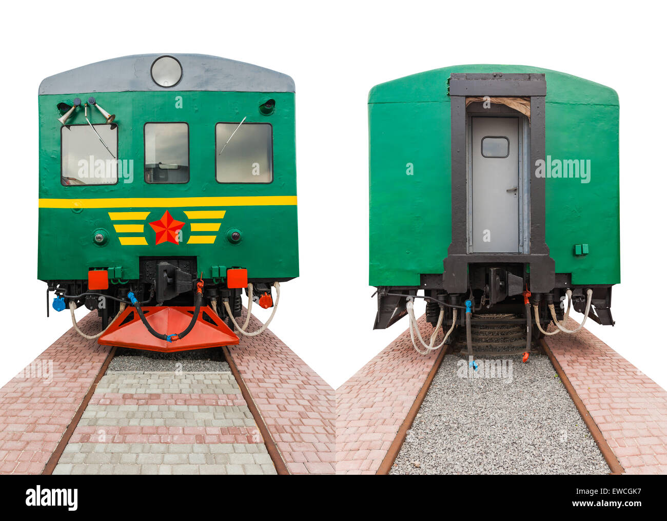 vintage train on a white background, front and rear Stock Photo - Alamy