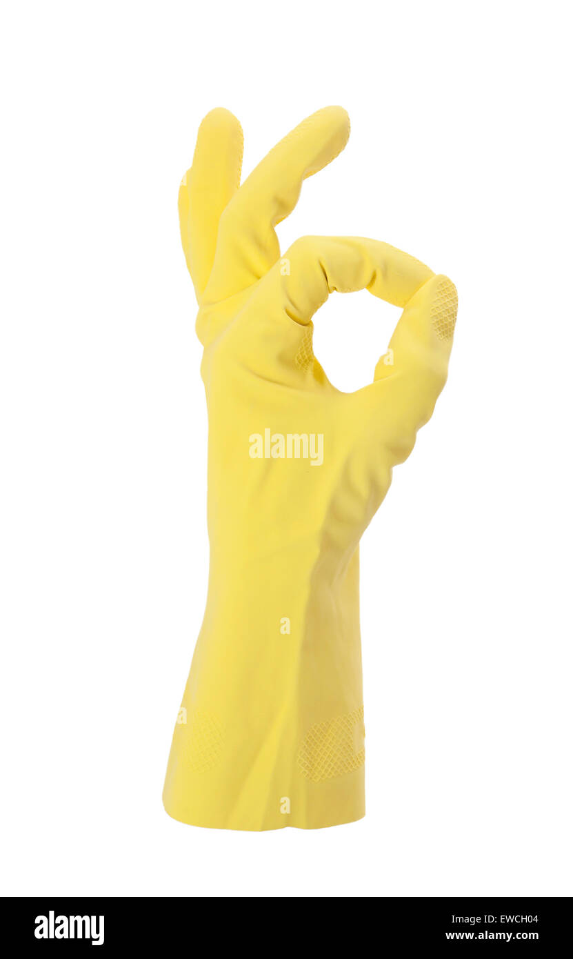 Hand gesturing with pink cleaning product glove - yellow on white Stock ...