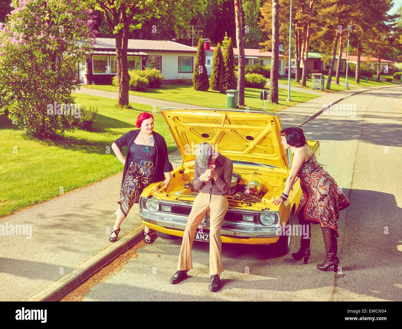 Friends together and old Dodge - 70's theme, intentional film grain ...