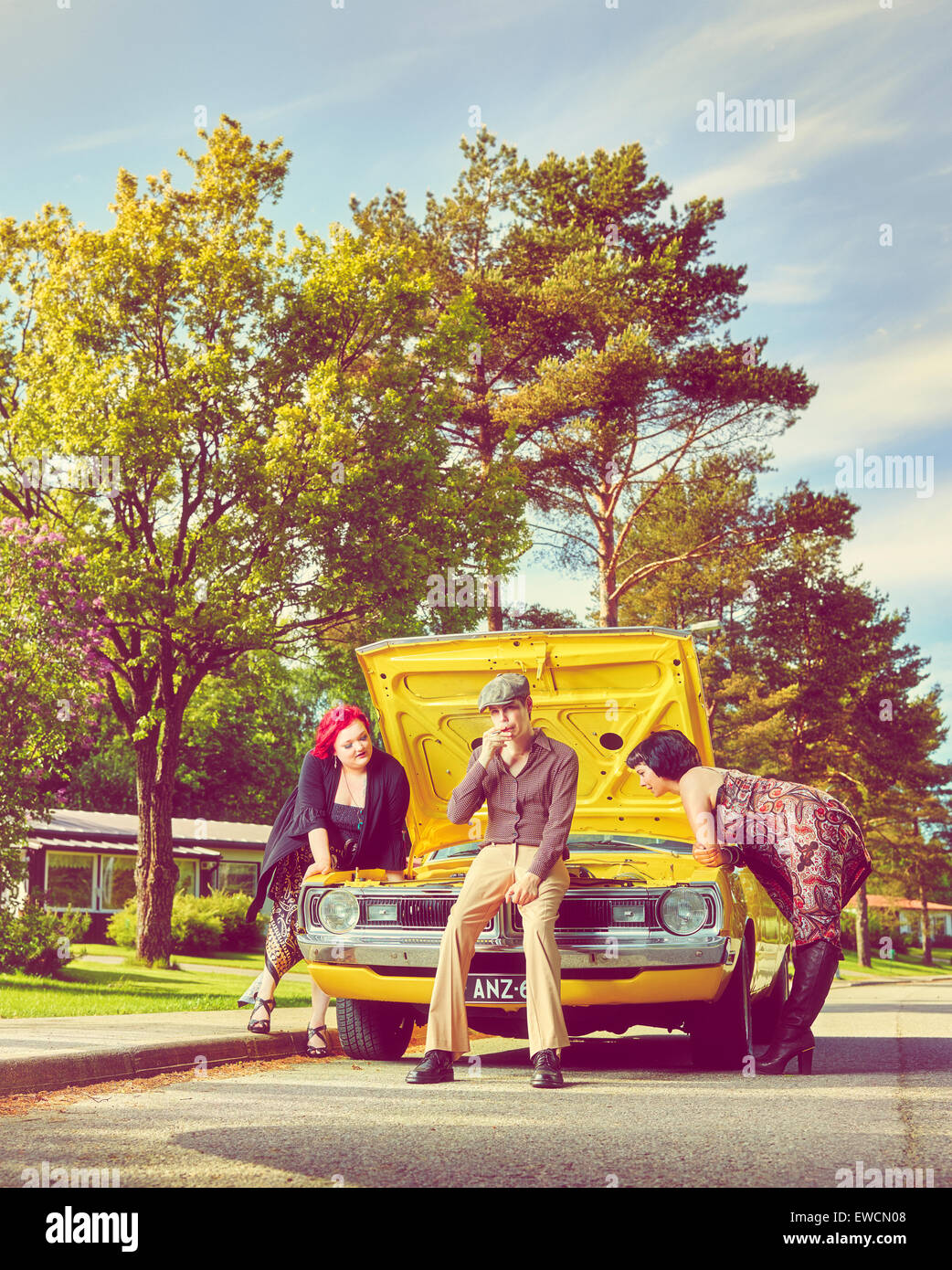 Friends together and old Dodge - 70's theme, intentional film grain ...