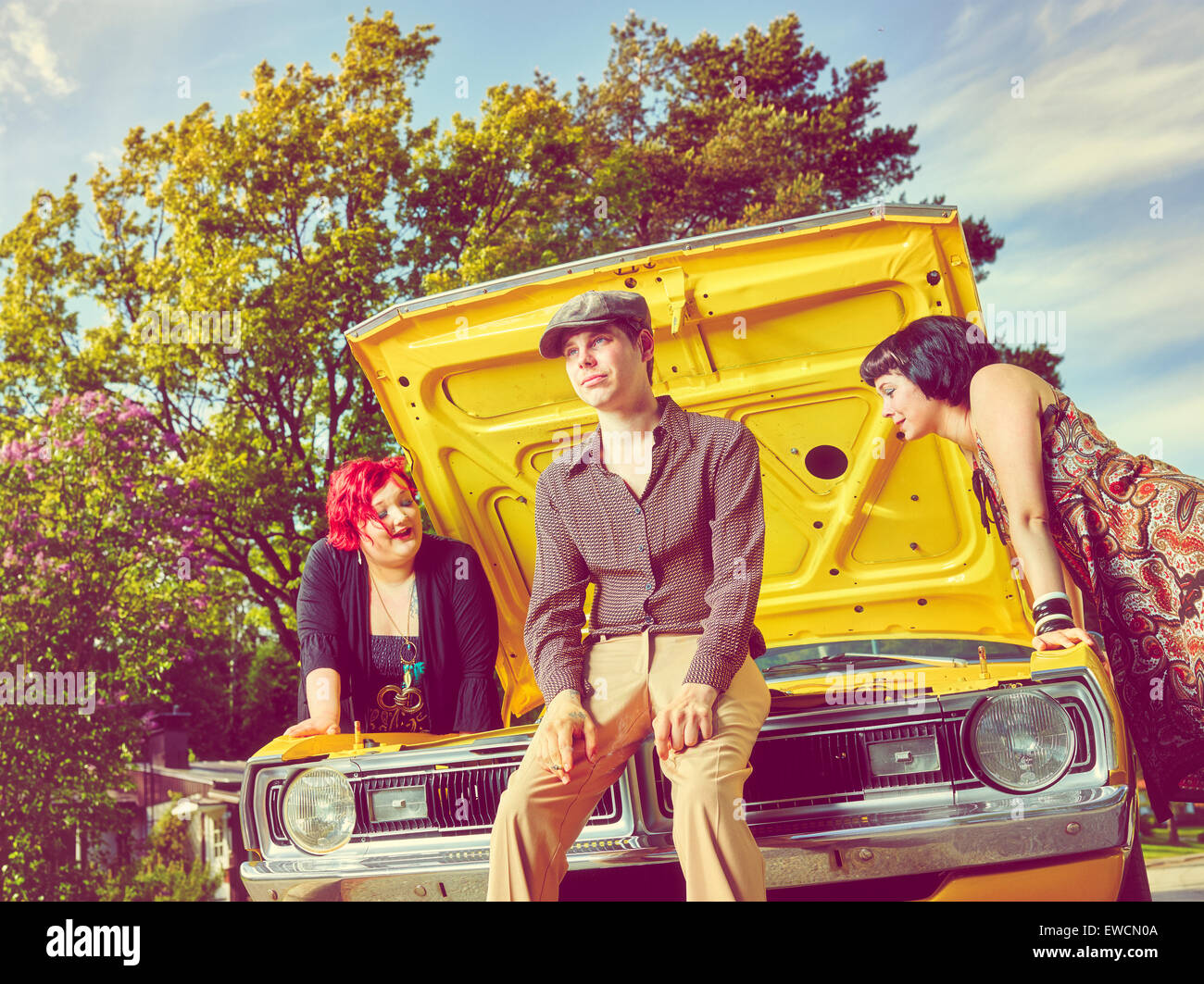 Friends together and old Dodge - 70's theme, intentional film grain ...